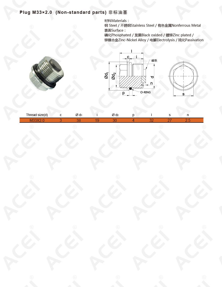 外六角法兰油塞 M33X2.0-非标产品-宁波爱德油塞制造有限公司